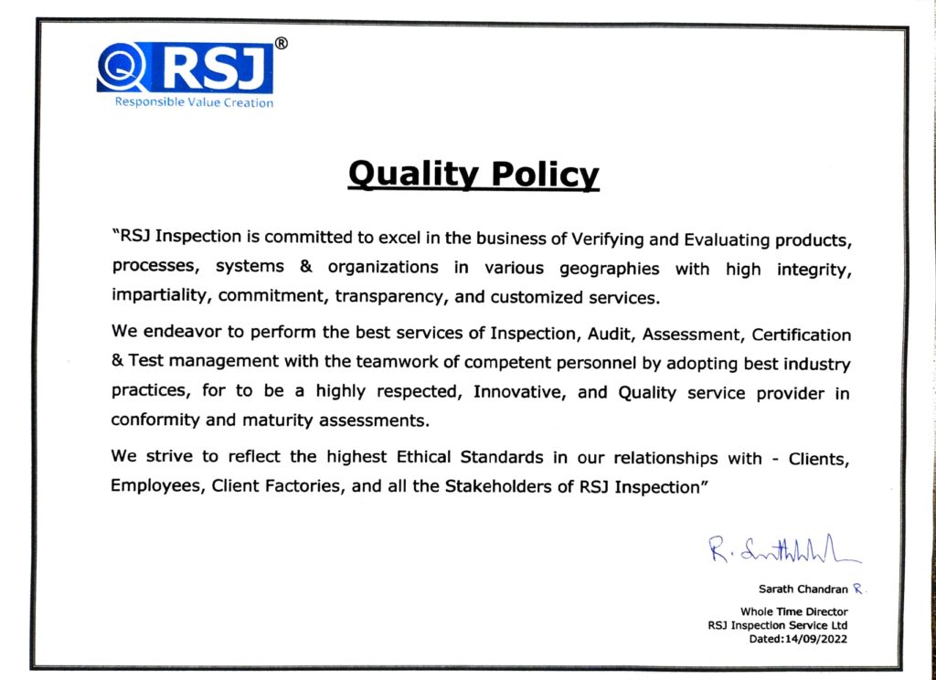 Quality Policy - RSJ ZED MSME